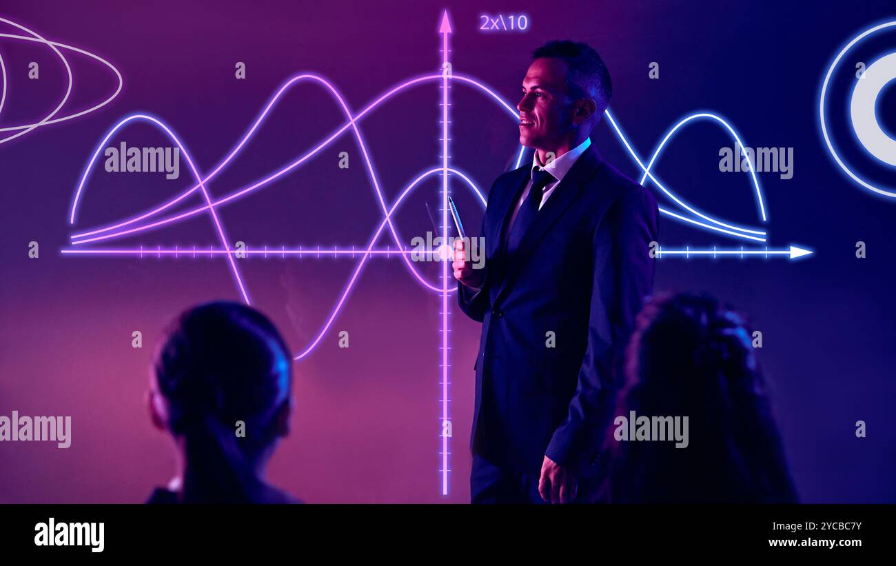Photo of corporate presenter uses interactive graphs to engage audience ...