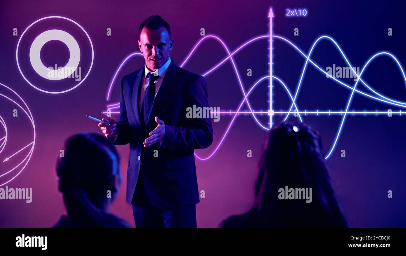 Male presenter engages audience with interactive visual data ...