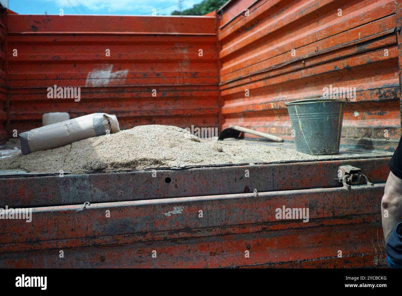 sack of cement, shovel and sand in a dumper, outdoor shot Stock Photo ...