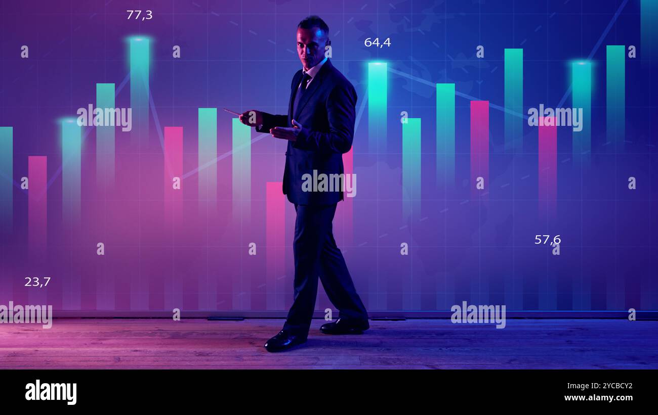 Dynamic photo of presenter walks audience through key trends displayed ...