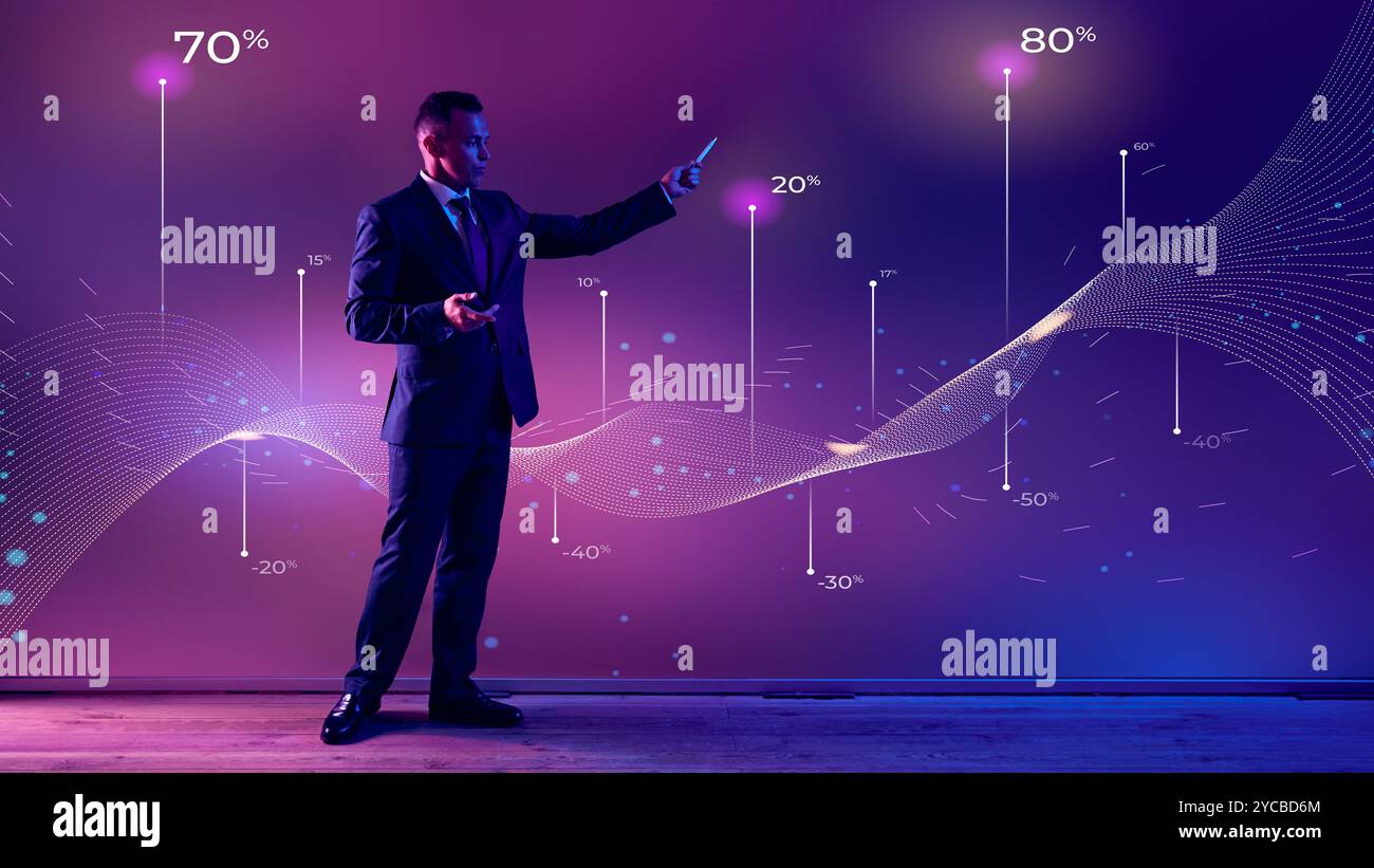 Photo of corporate leader walks through key data insights displayed on ...