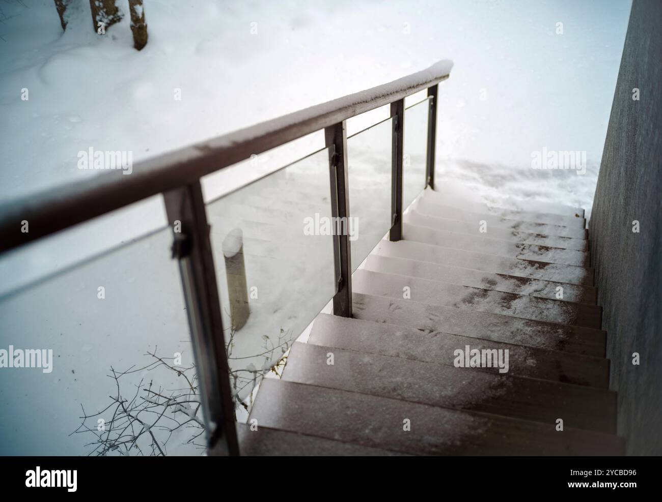 slippery outside stairs covered with snow, no people, winter scene ...
