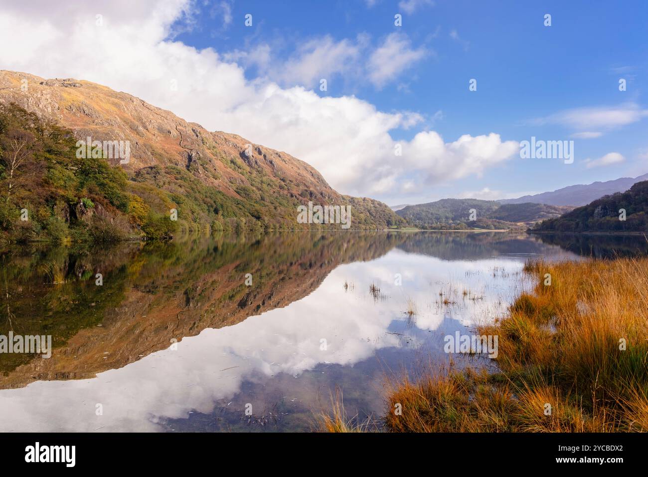 Llyn Dinas lake in Nant Gwynant valley from The Cambrian Way path ...