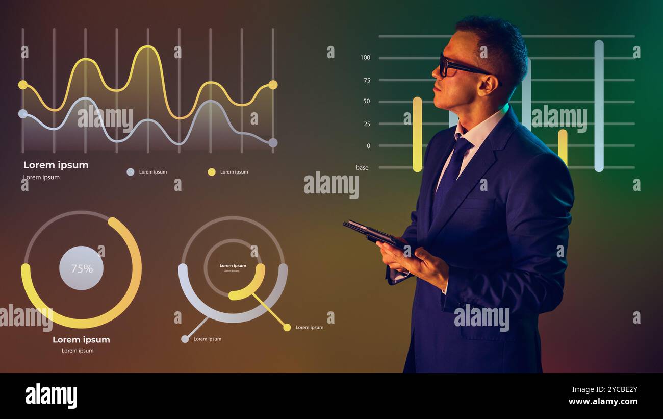 Speaker points out crucial financial trends, enhanced by colorful neon ...