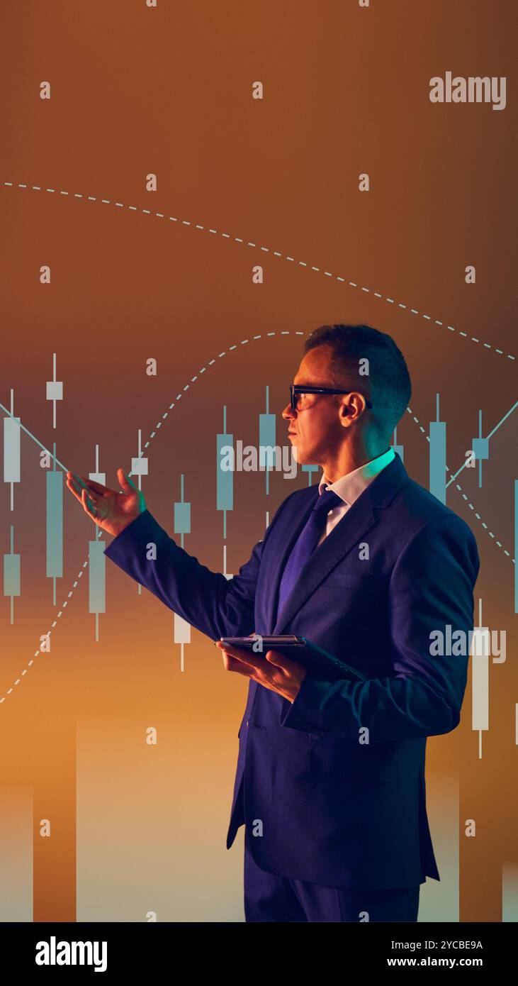 Male presenter points to glowing visuals, explaining complex data in ...