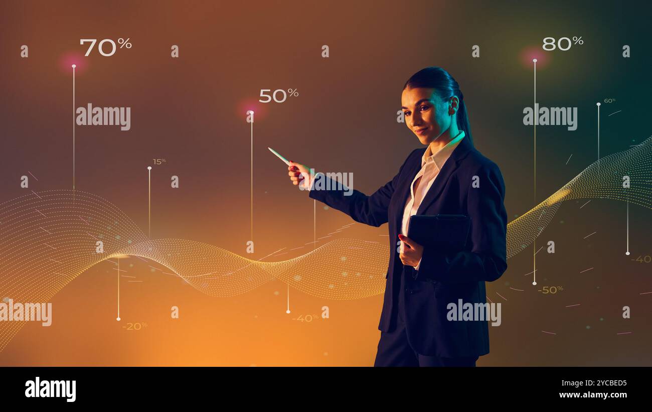 Young woman, dressed formal wear, presenter uses vibrant graphs to ...