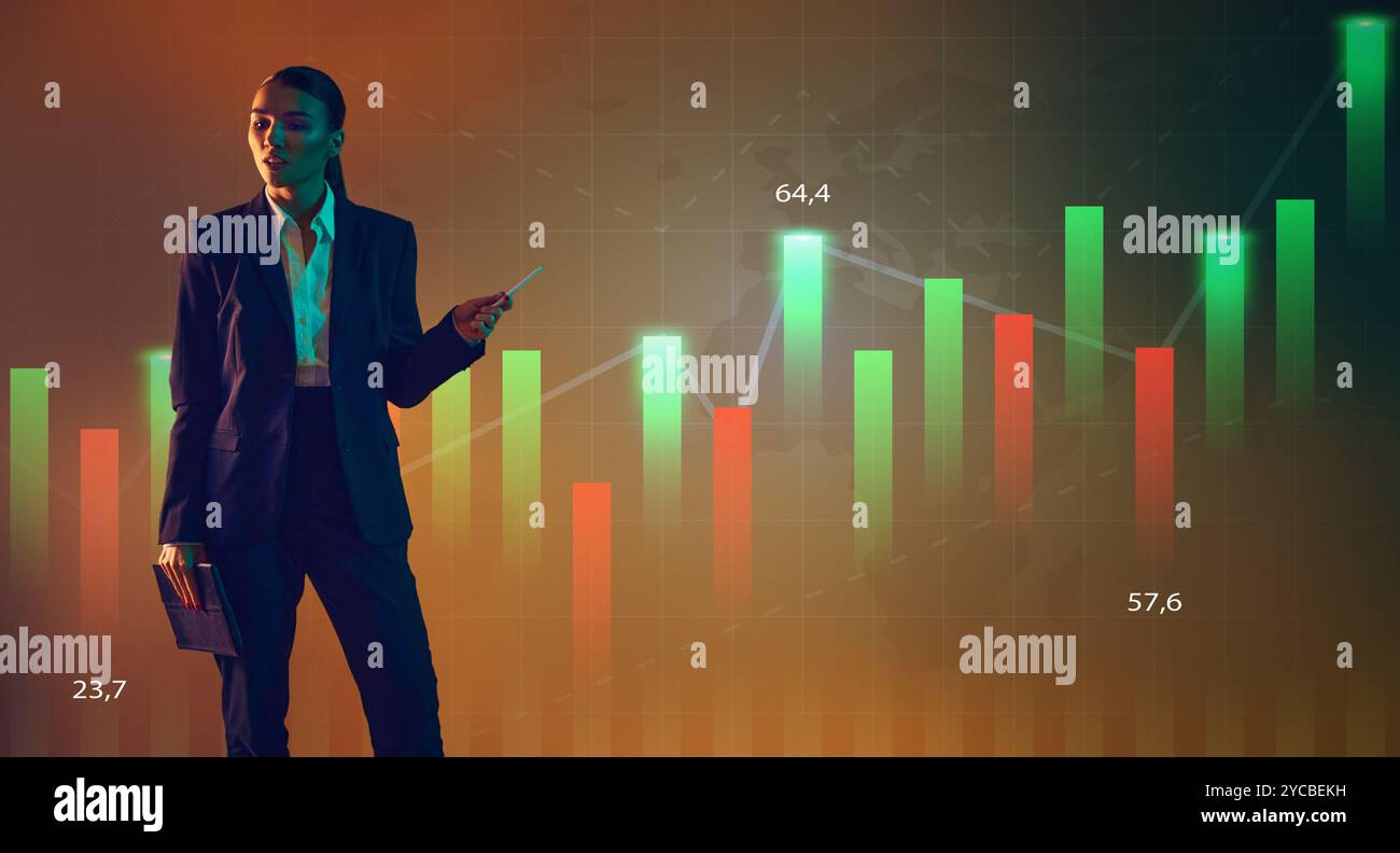 Speaker walks through intricate patterns on digital, neon lit screen ...