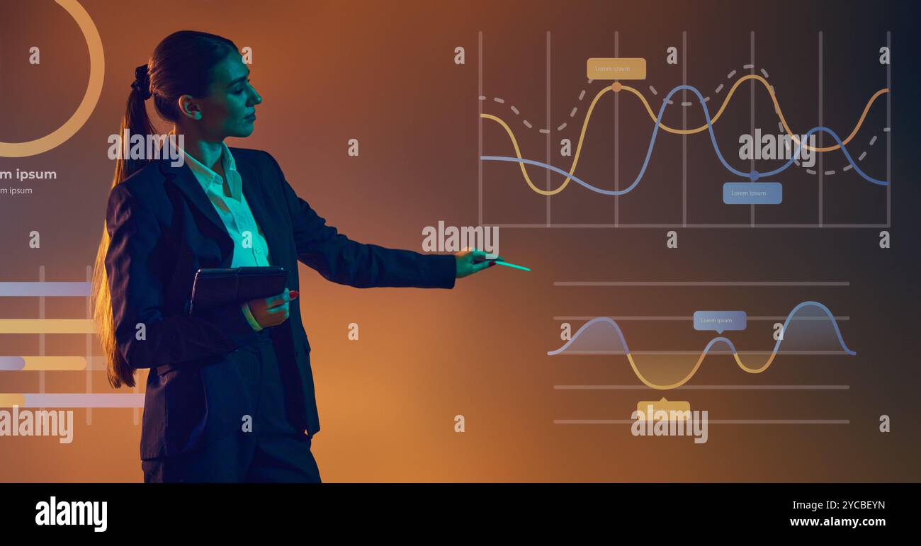 Confident woman explains complex data, backed by colorful visual graphs ...