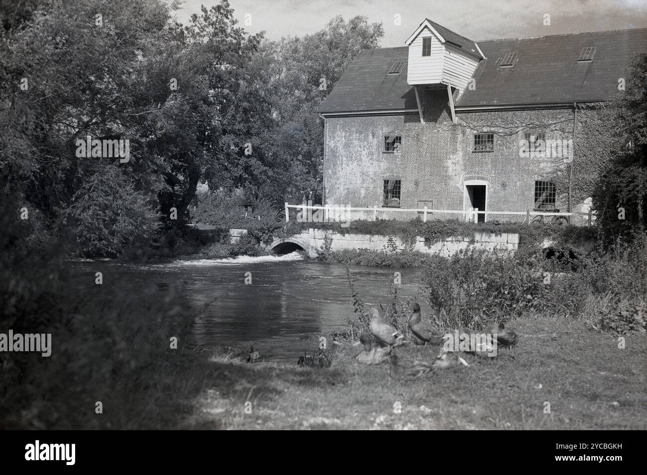 1950s, historical, exterior view of a rural working water mill, England ...