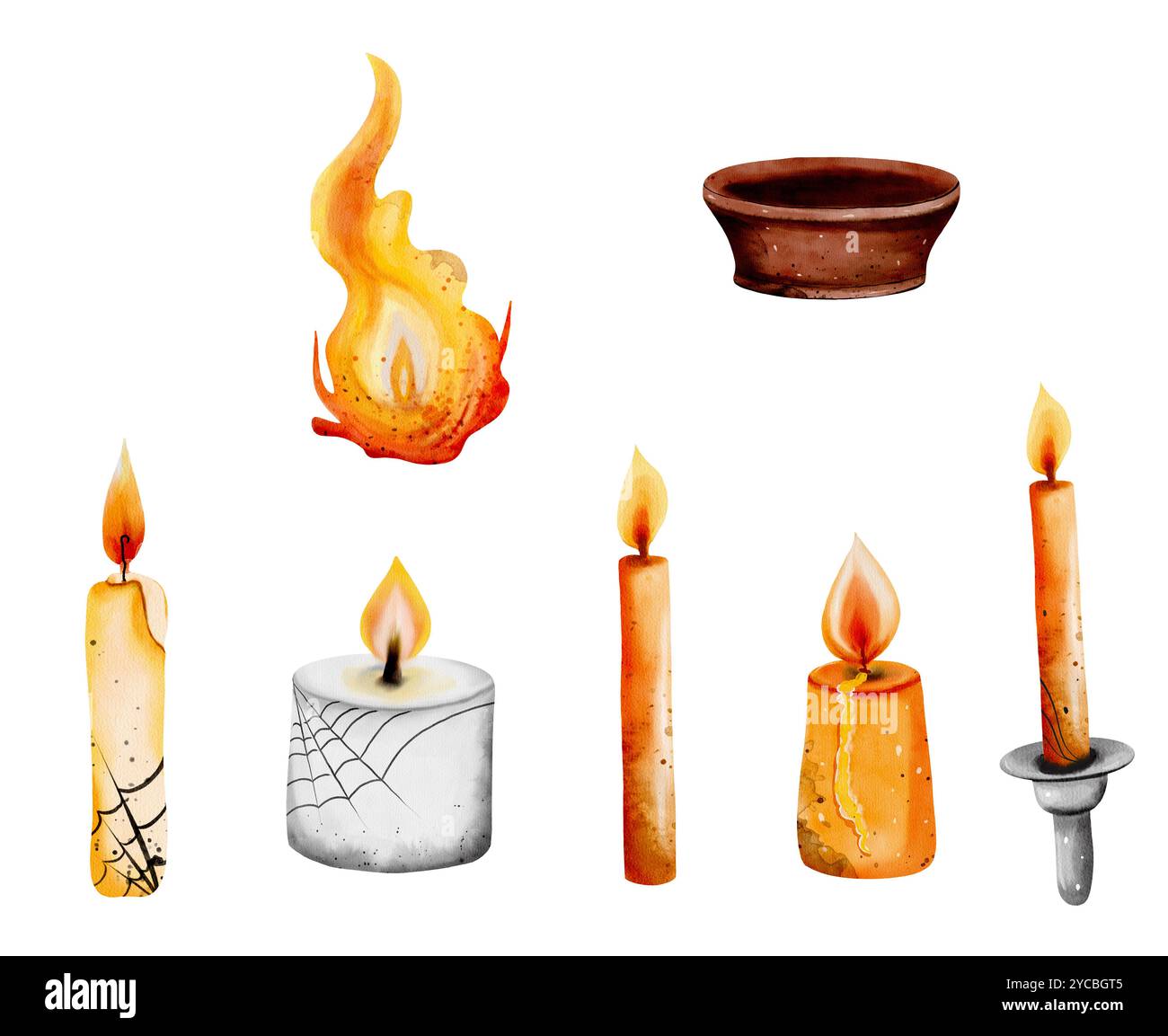 Set of candles with candle holders. Candles with burning flame and ...