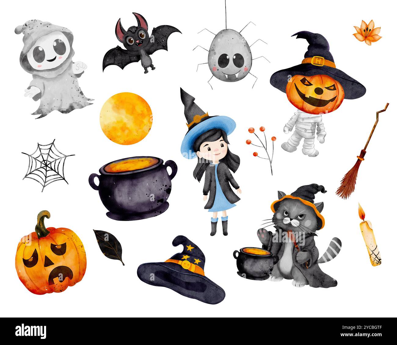Black cat, ghosts, pumpkin, hat, monsters, house, bat, spider ...