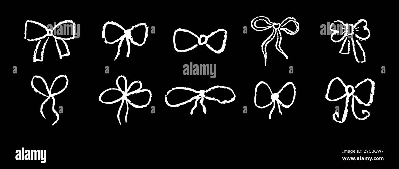 Set of bows drawing by pastel or charcoal pencil. White chalk bow gift ribbon line simple ...