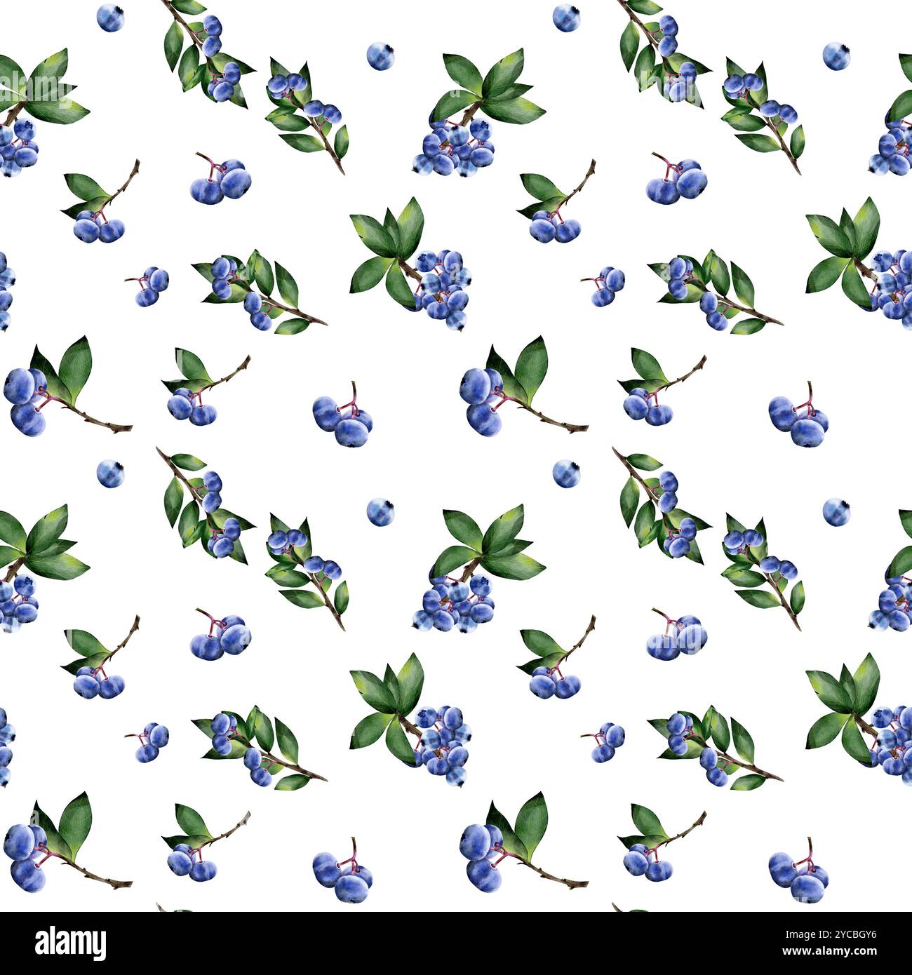 Blueberries with leaves, on a white background. Seamless pattern ...