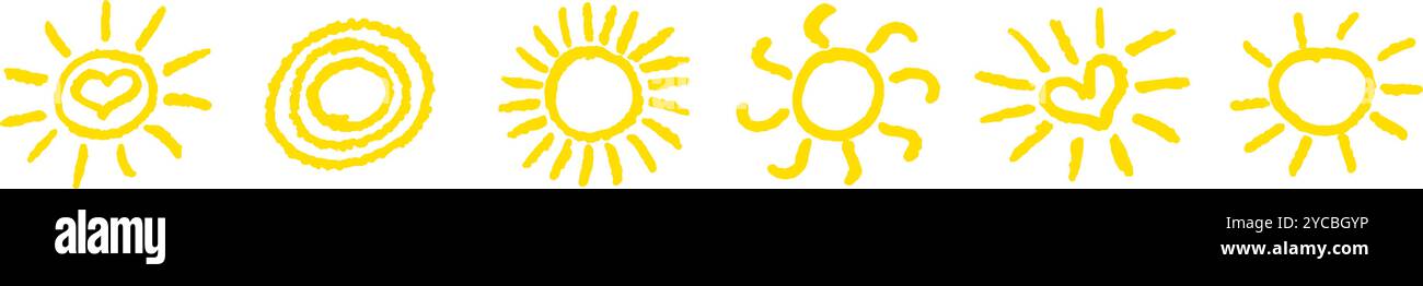 Set of fun like kid drawing yellow sun. Collection painted with pastel ...