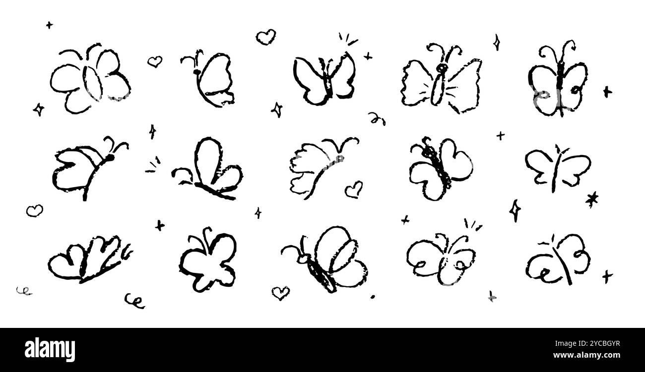 Set of butterflies drawing by pastel or charcoal pencil. White chalk ...