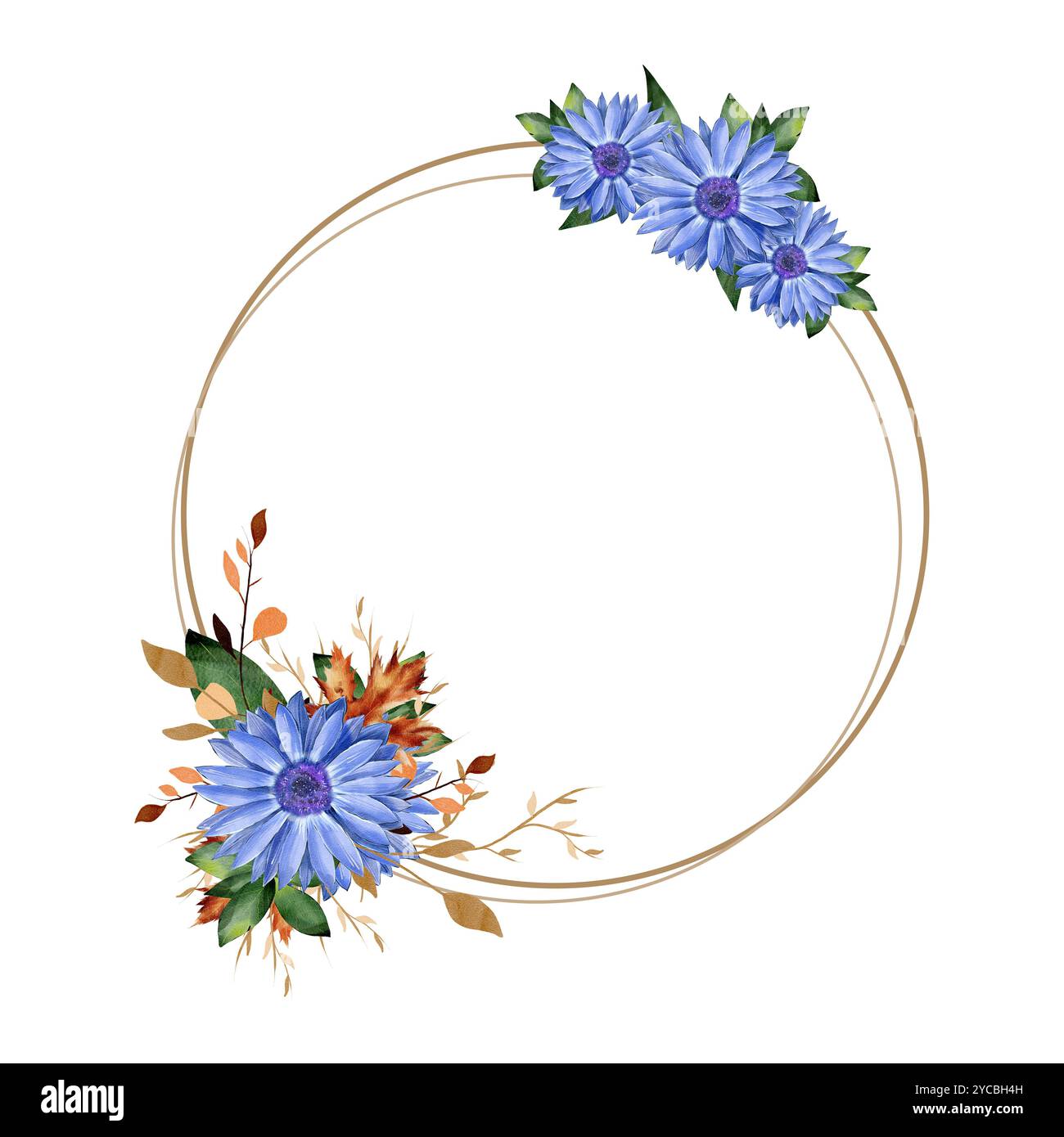 Light gold round frame with rudbeckia flowers and dried leaves in a ...