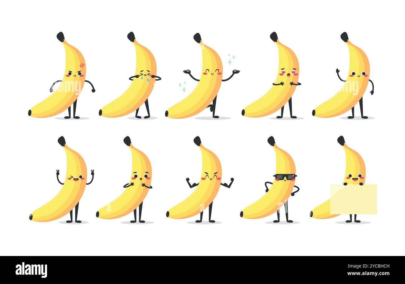 Cute cartoon banana characters set. Banana fruit mascot. Vector illustration Stock Vector Image ...