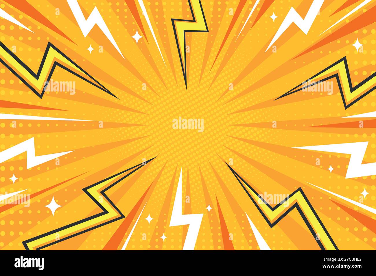 Bright pop art comic cover with zigzag lightnings, rays and dots. Retro ...