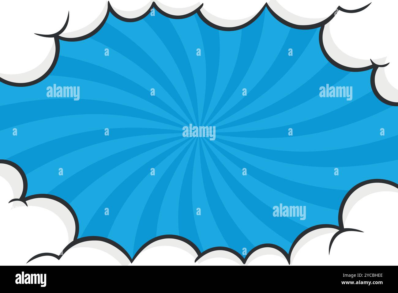 Pop art blue comic cover with cloud frame. Retro style background with ...