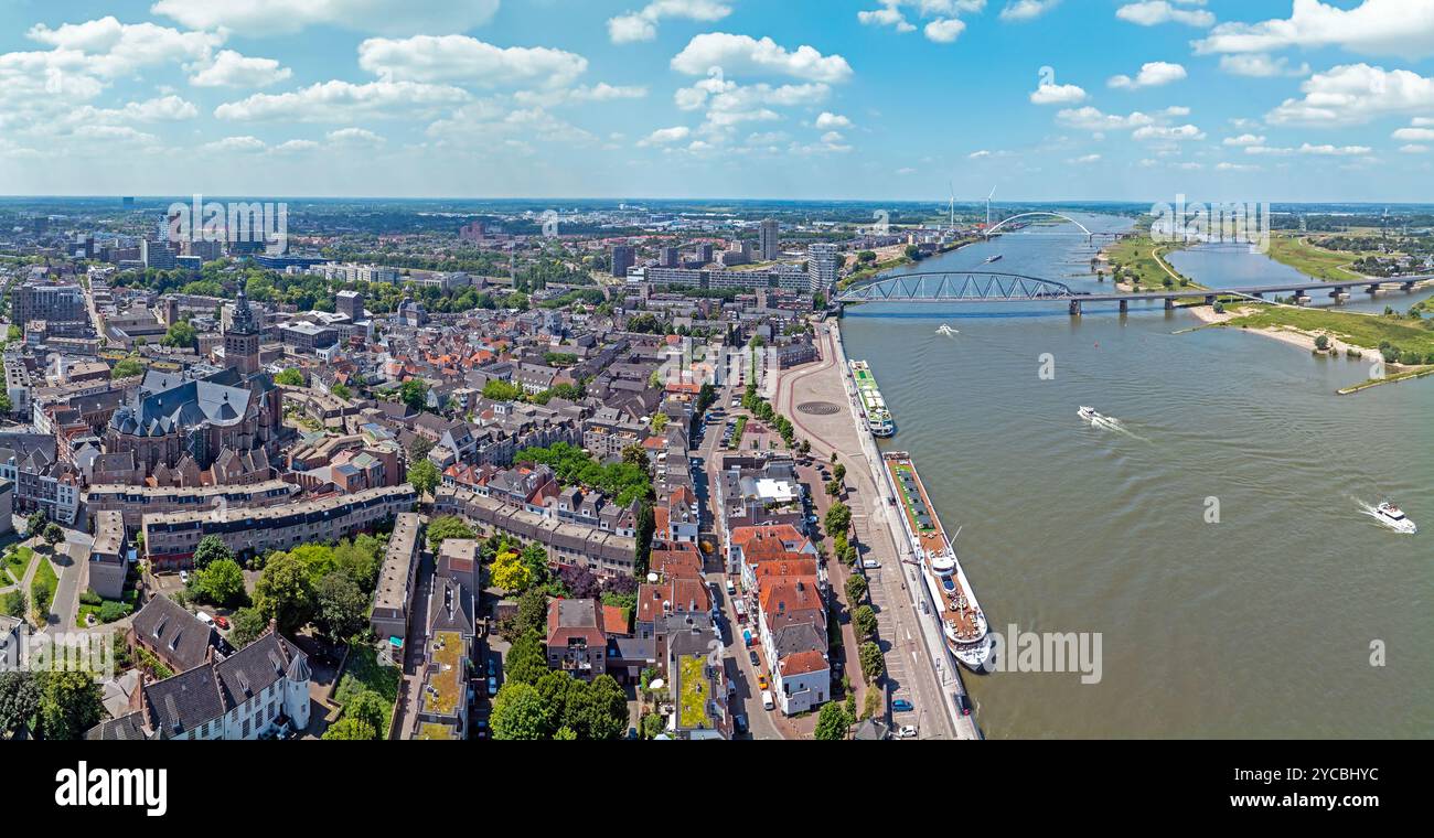 Aerial panorama from the historical city Nijmegen at the river Waal in ...