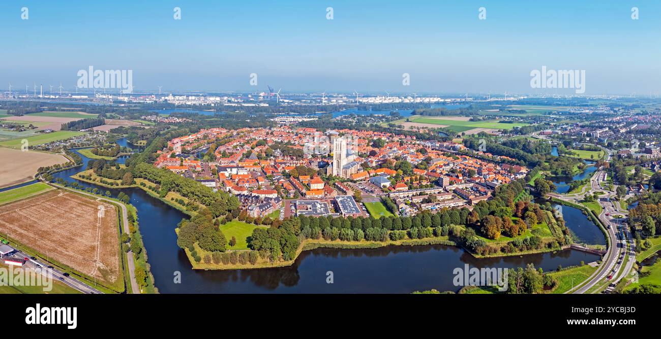 Aerial panorama from the historical town Brielle near Rotterdam in the ...