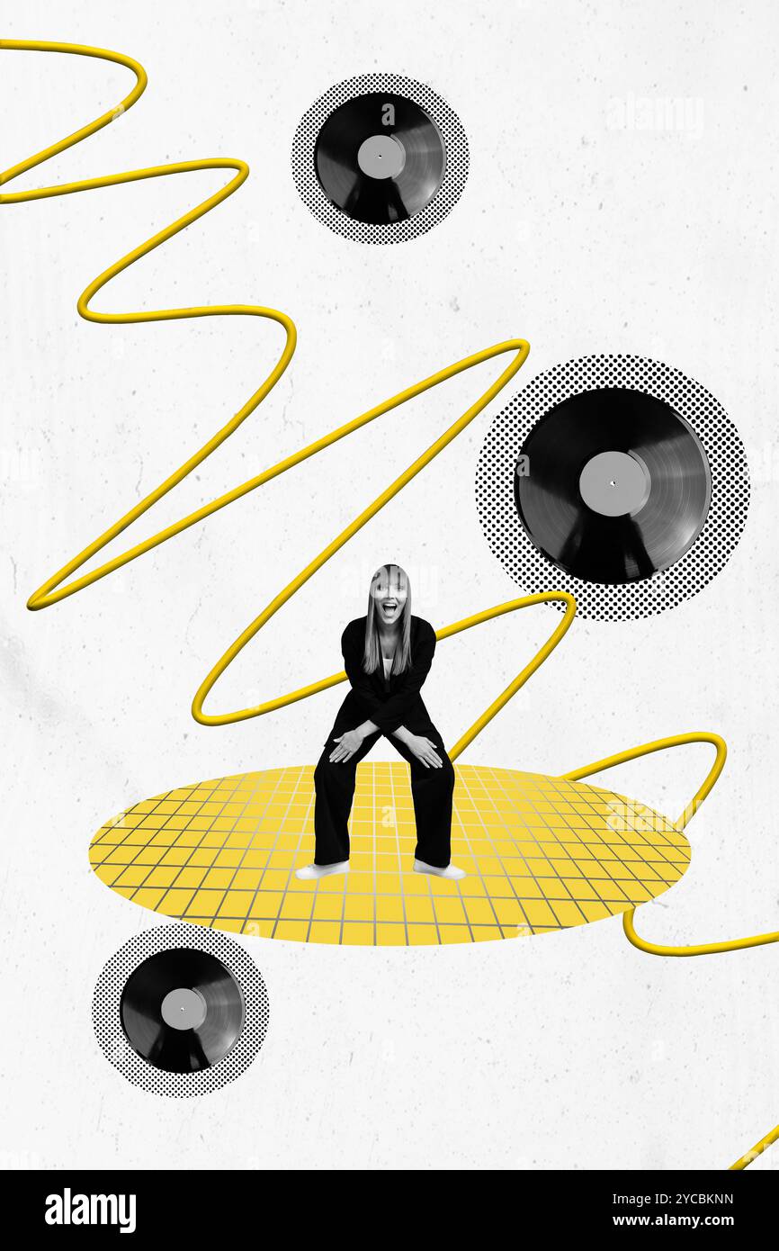 Vertical image collage poster young woman dance boogie woogie record ...