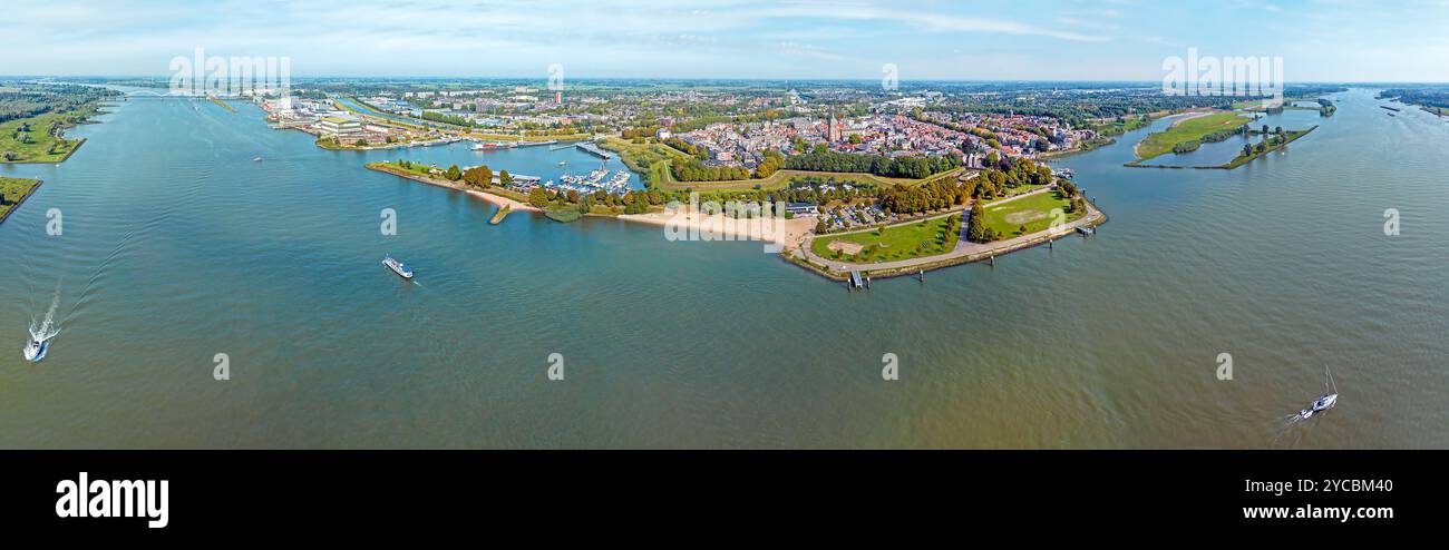 Aerial panorama from the historical city Gorinchem at the river Merwede ...