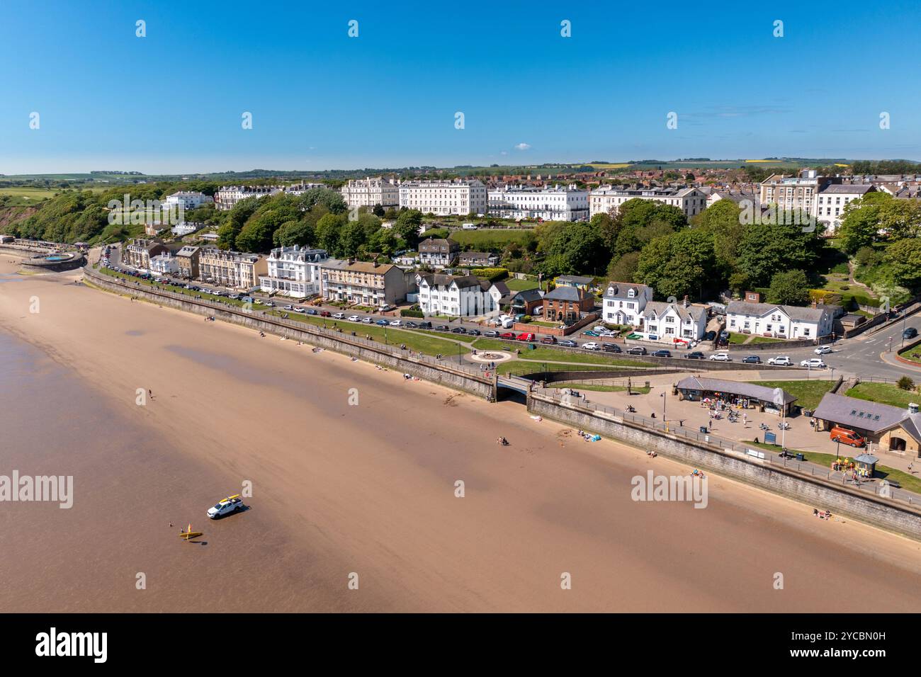 Aerial photo of the beautiful town of Filey in the UK, showing the ...