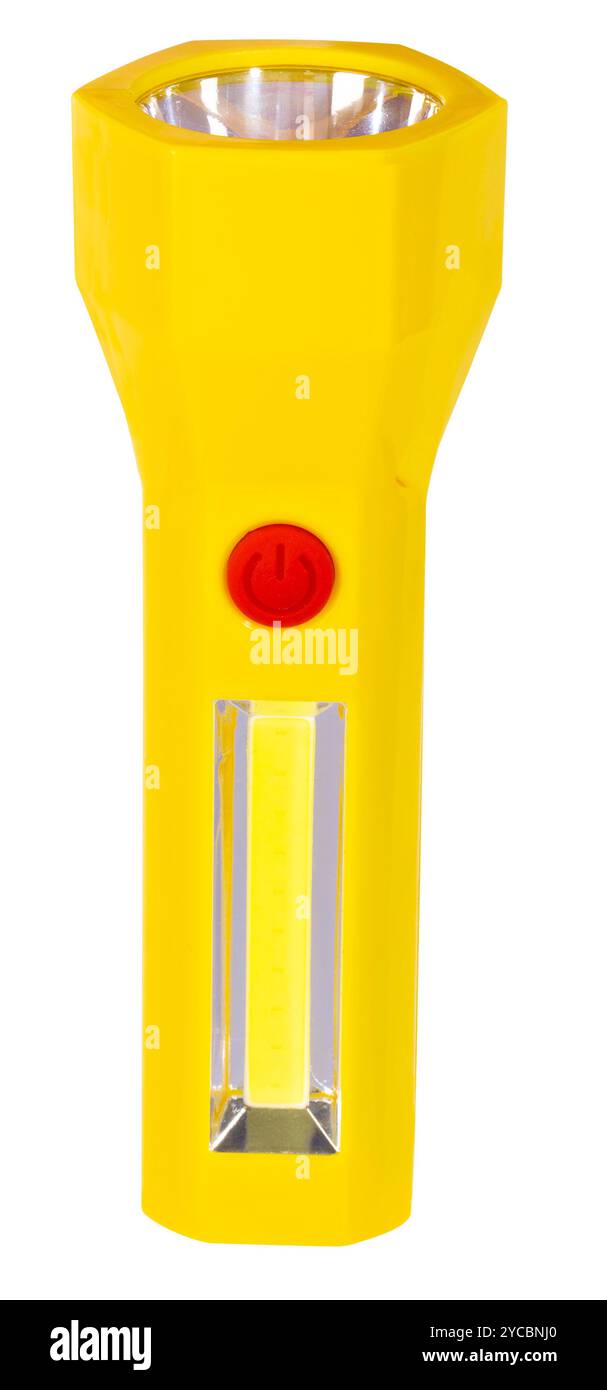 Yellow LED flashlight on batteries isolated on white Stock Photo - Alamy