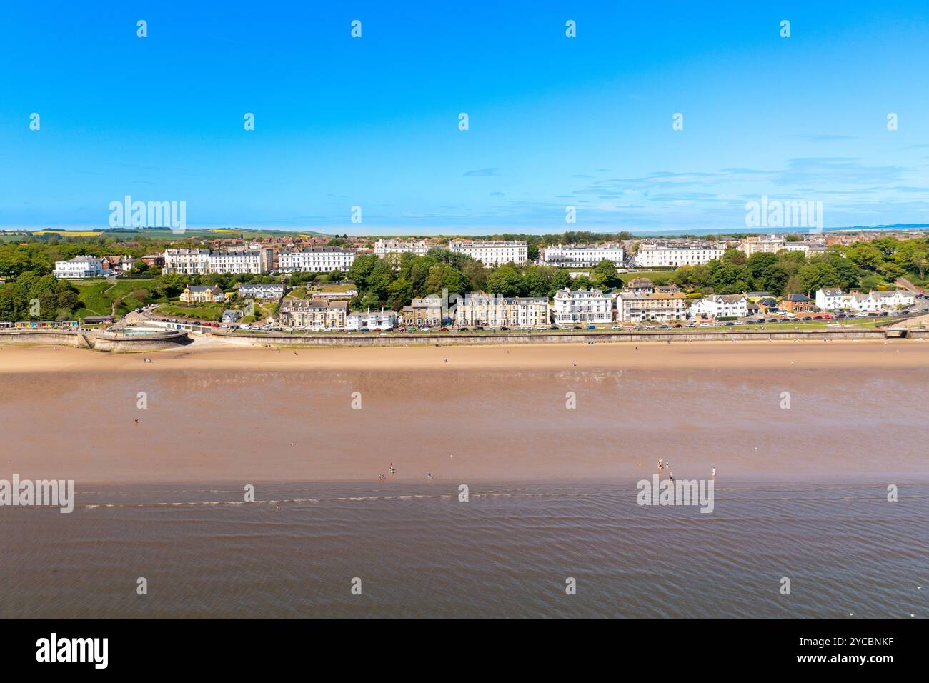Aerial photo of the beautiful town of Filey in the UK, showing the ...