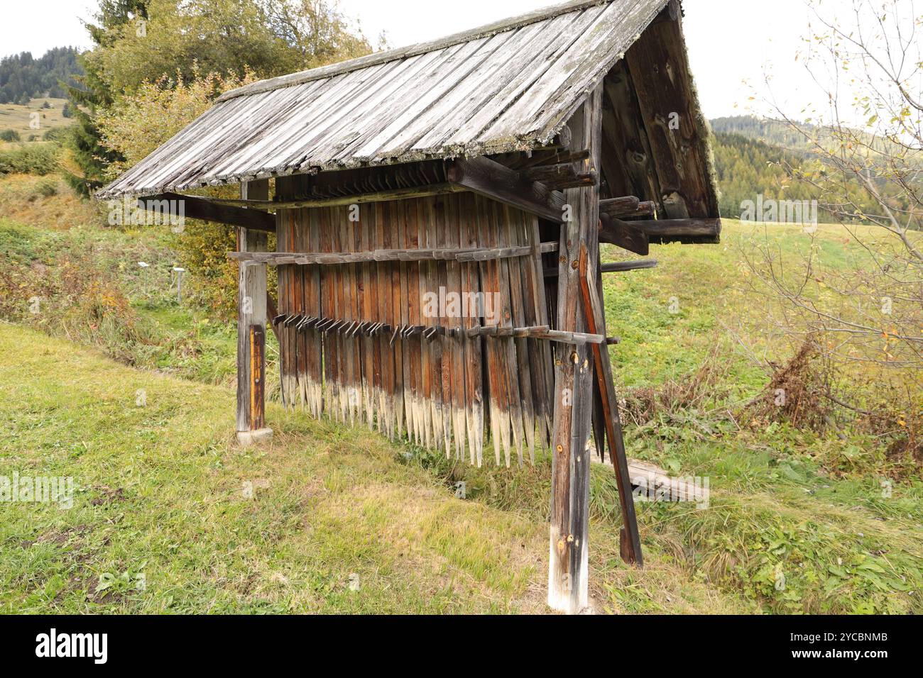 Heinzen for drying hay at an old hut in the Alps Stock Photo - Alamy