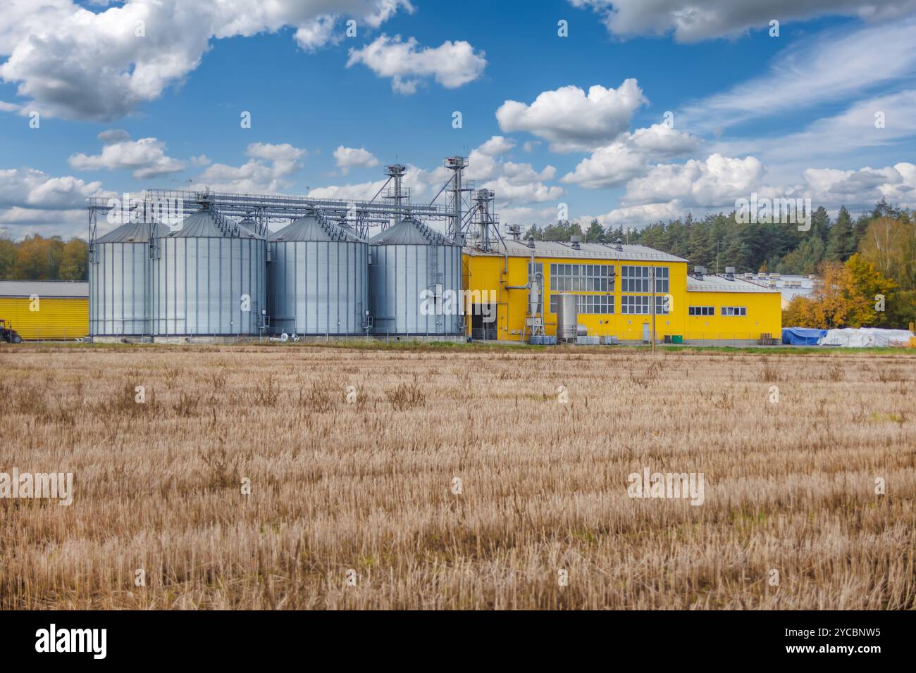 large grain elevator with multiple cylindrical metal silos, structural ...
