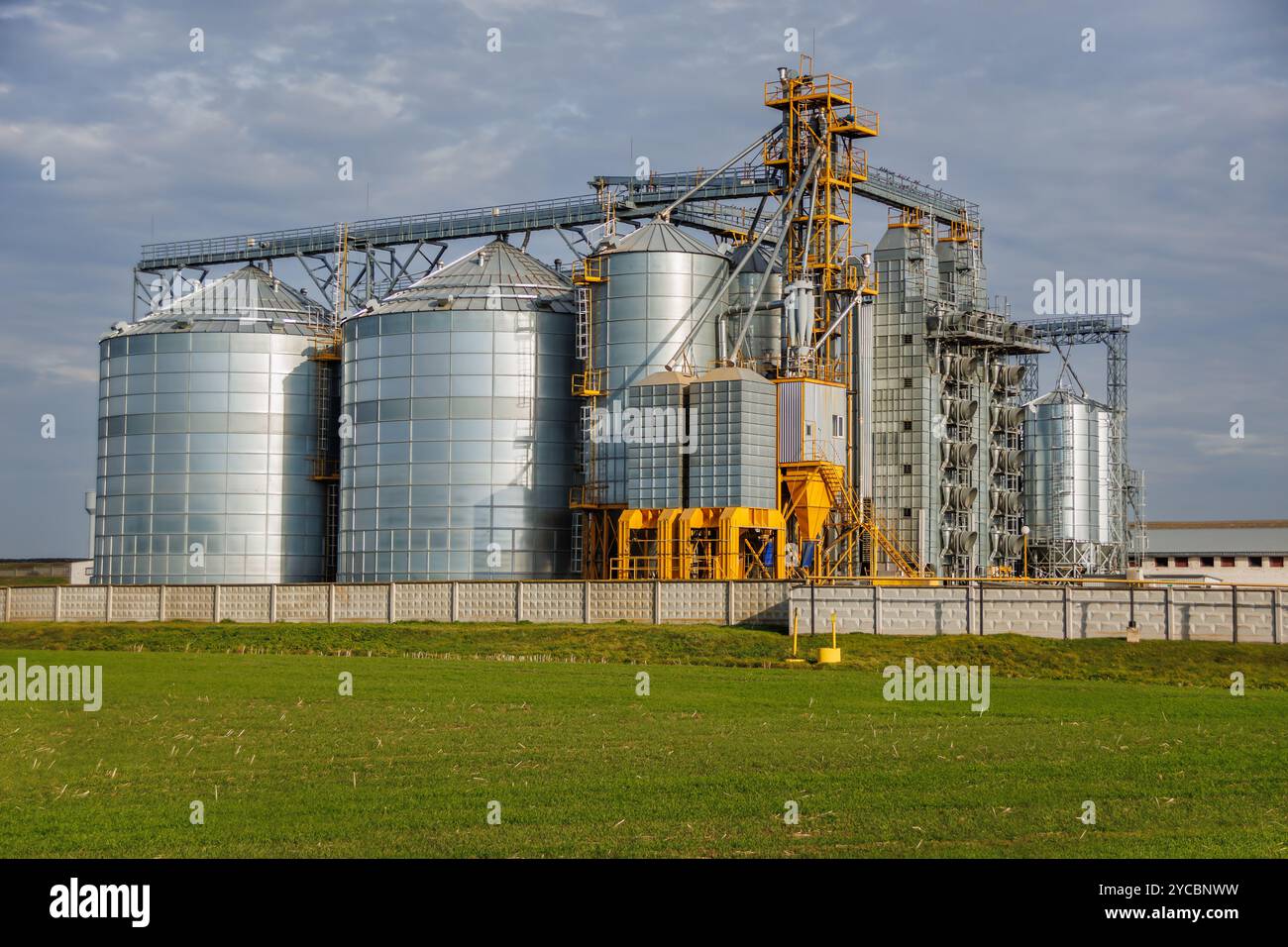 large grain elevator with multiple cylindrical metal silos, structural ...