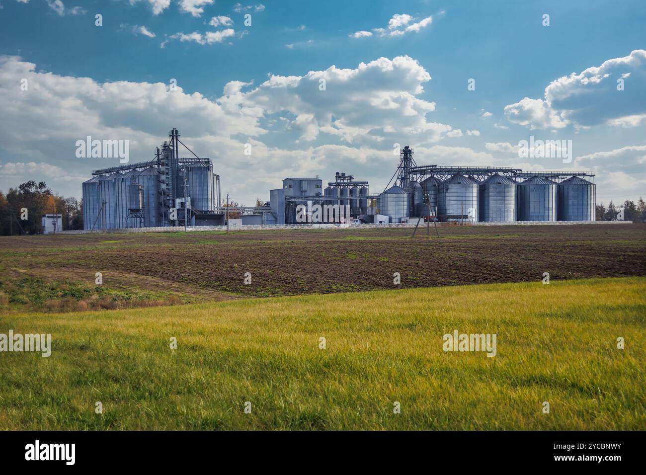 large grain elevator with multiple cylindrical metal silos, structural ...