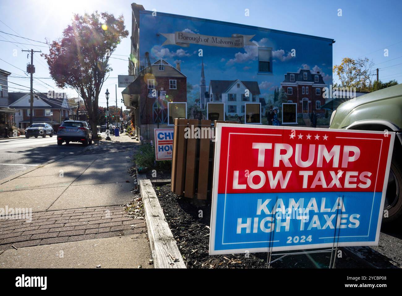 A campaign sign for former President Donald Trump is seen in Malvern ...