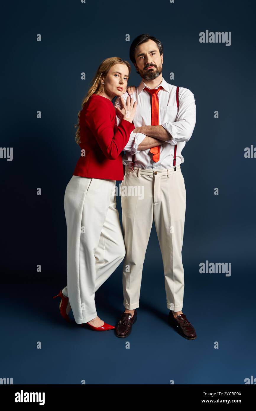 A middle aged couple showcases elegance and charm while standing ...