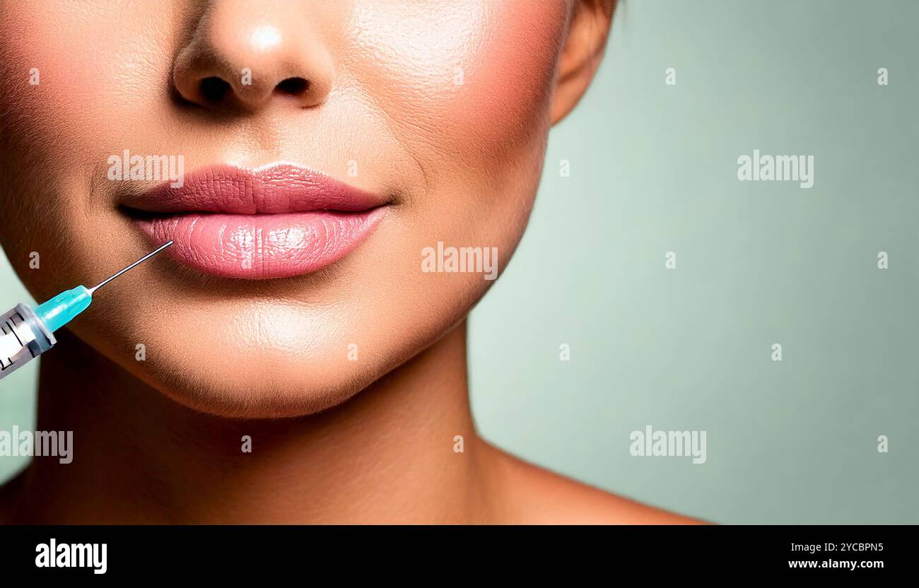 Close-up of a young adult caucasian woman’s lips receiving cosmetic ...