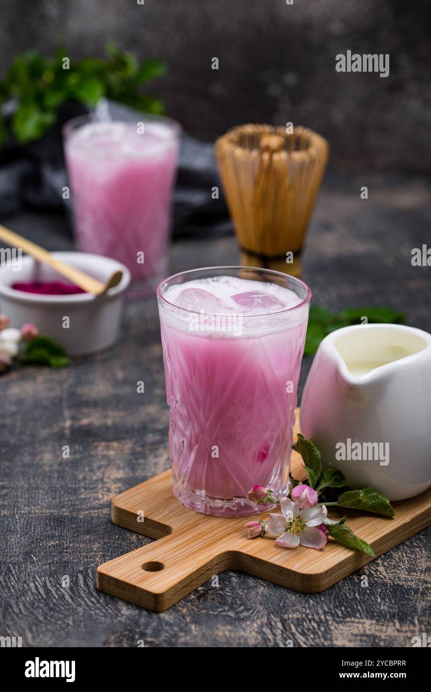 Pink matcha ice latte with milk Stock Photo - Alamy