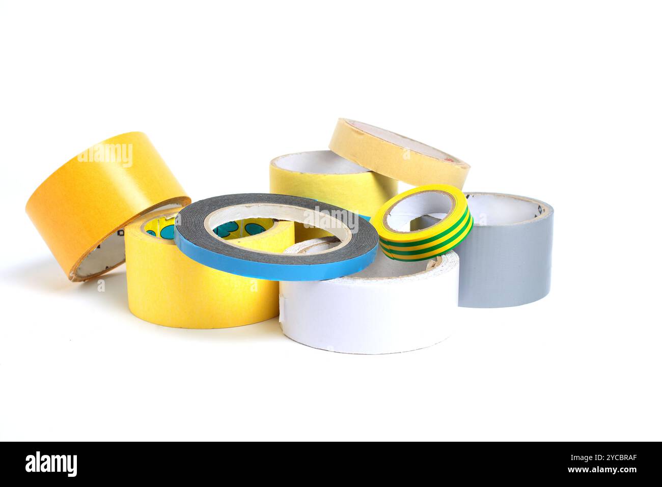 A heap of packing tape and a masking tape isolated on white background ...