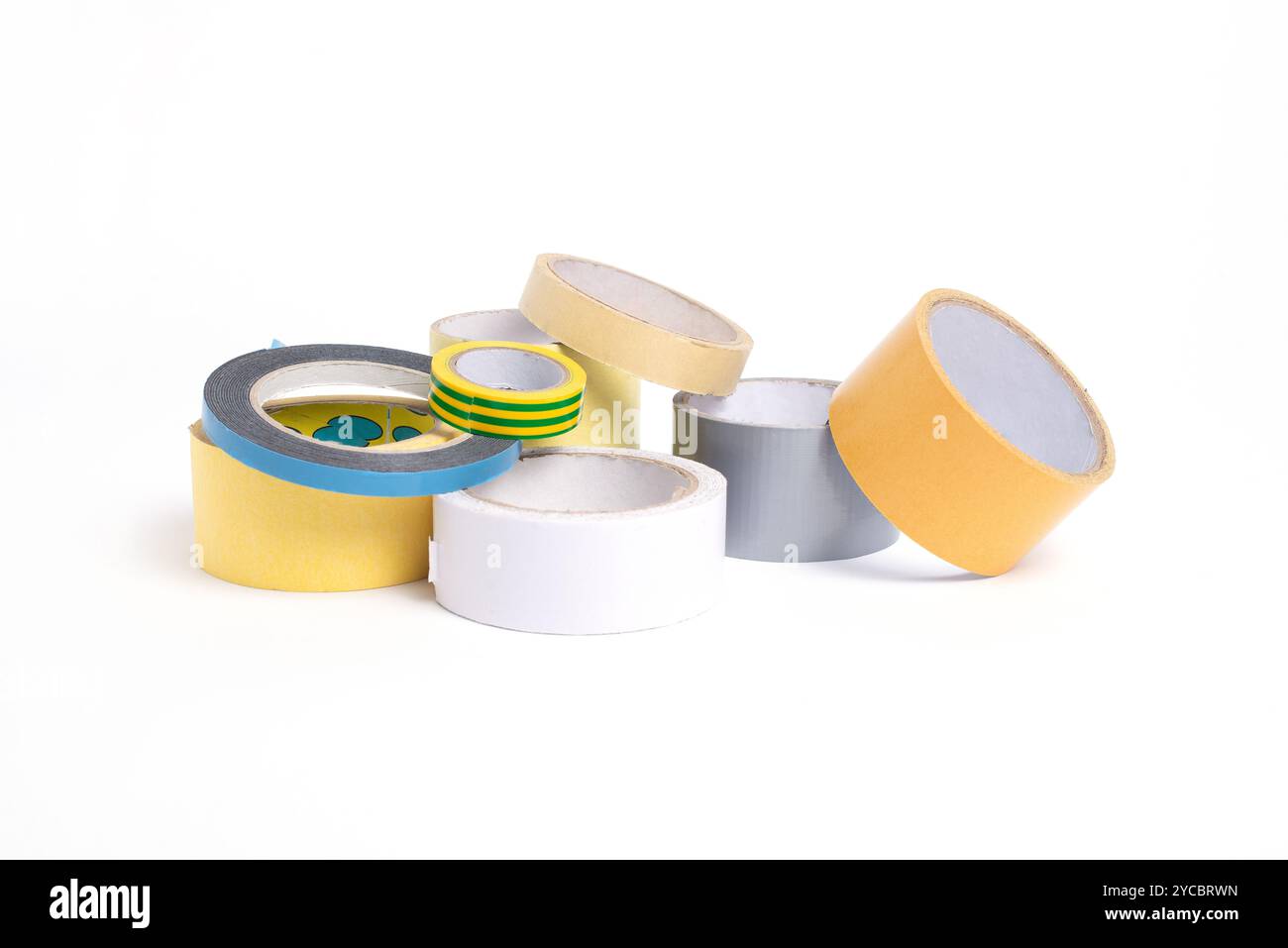 A heap of packing tape and a masking tape isolated on white background ...