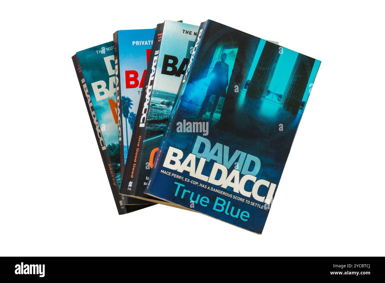 Selection of David Baldacci books with True Blue book on top isolated ...