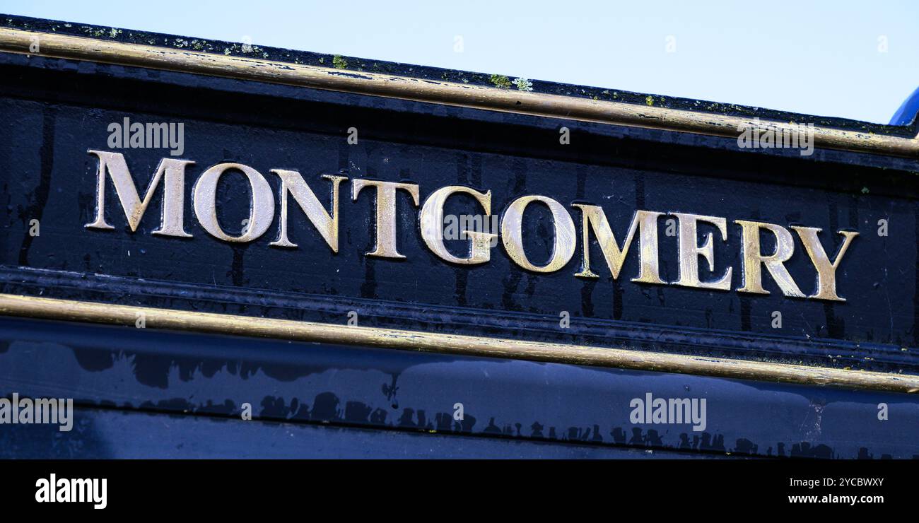 Sign for town of Montgomery the historic county town of Montgomeryshire ...