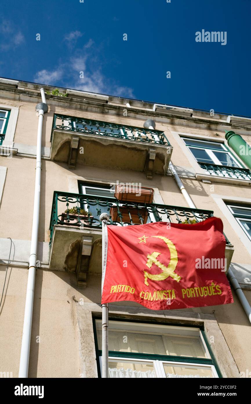 The office of the Portuguese Communist Party displays a red flag in ...