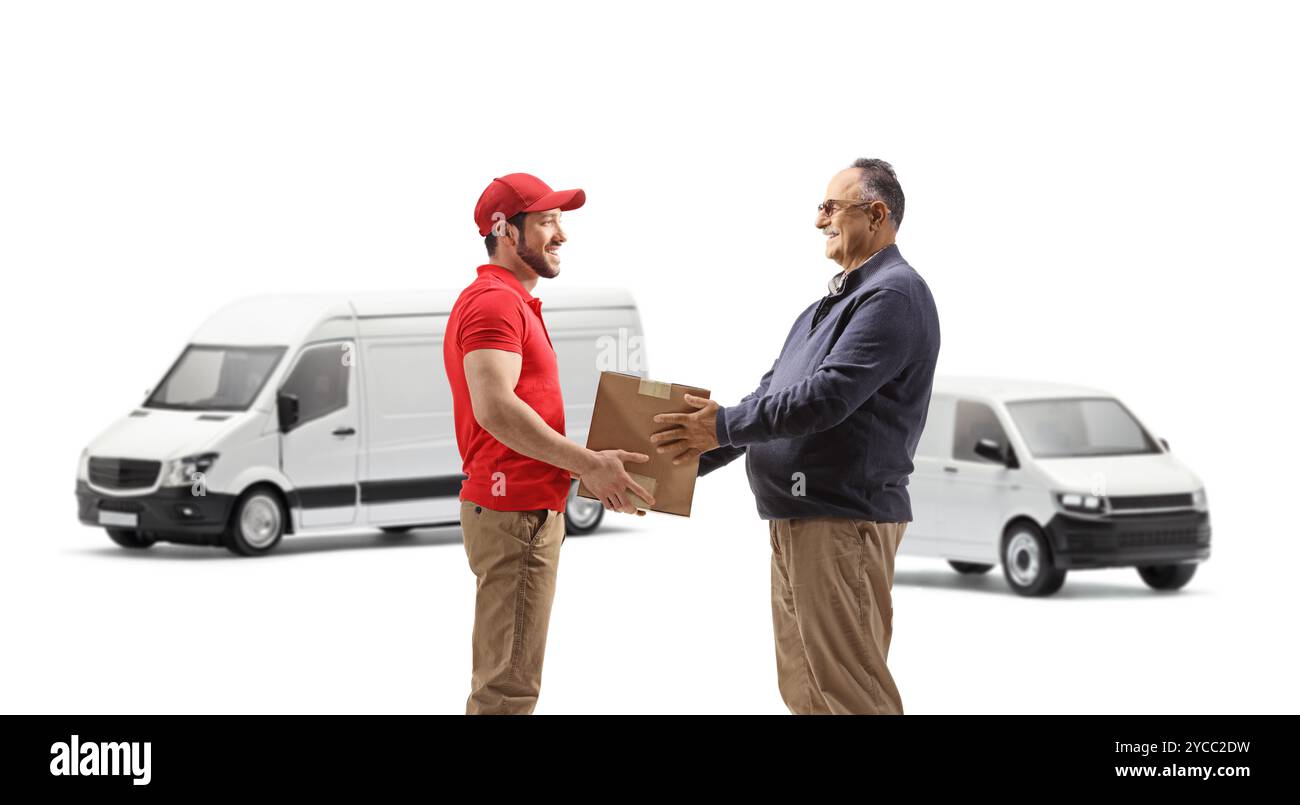 Courier with a van delivering a cardboard box to a customer isolated on ...
