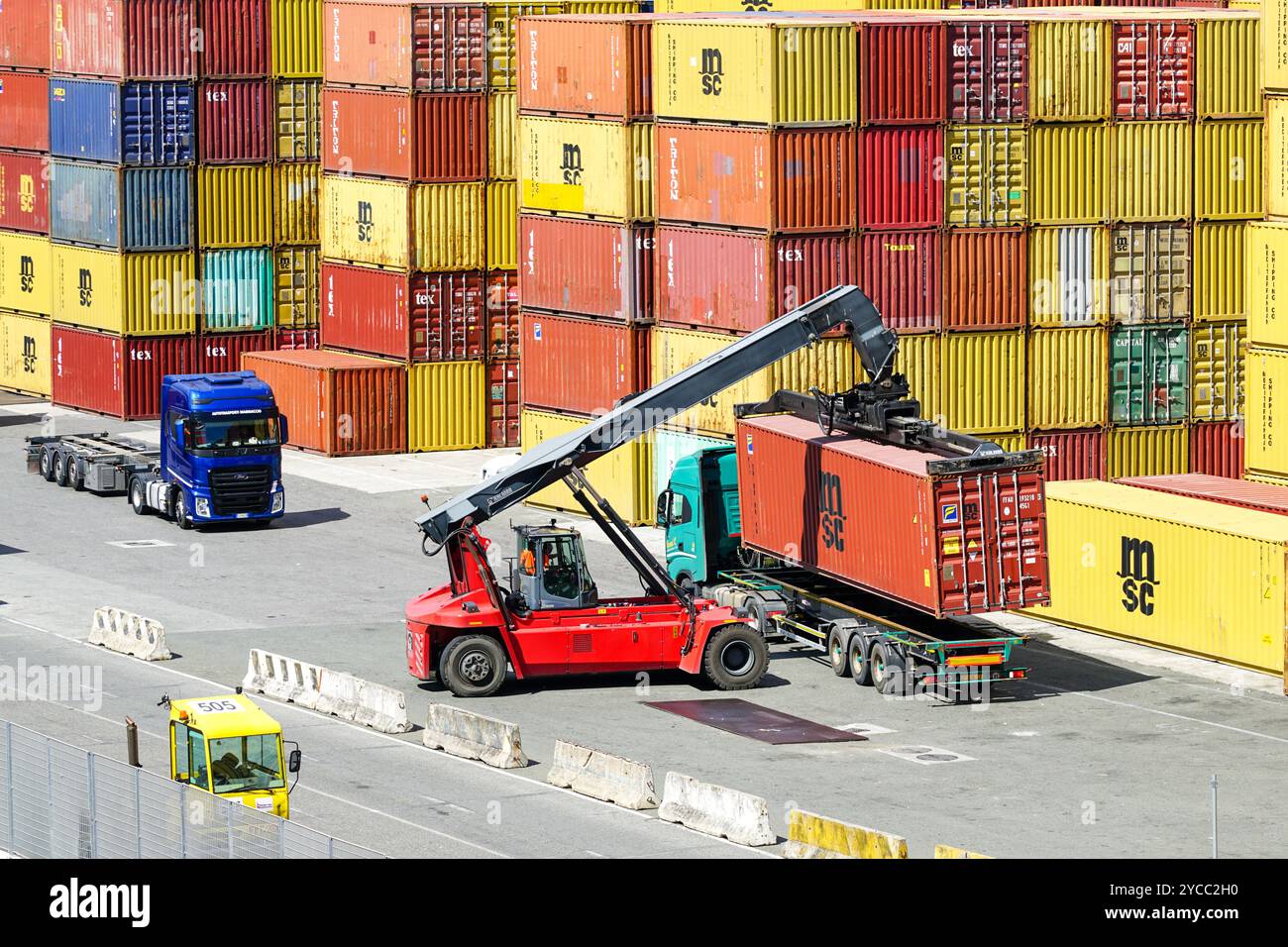 La Spezia, Italy - May 28, 2024: The forklift loads the MSC cargo ...