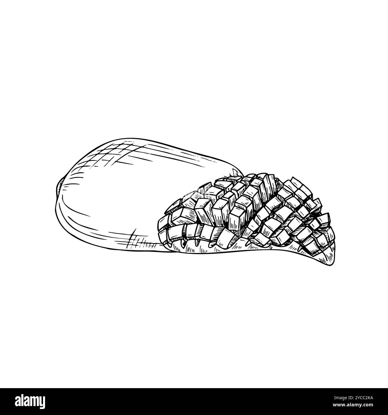 Whole and half mango with cubes vector line art black and white ink ...