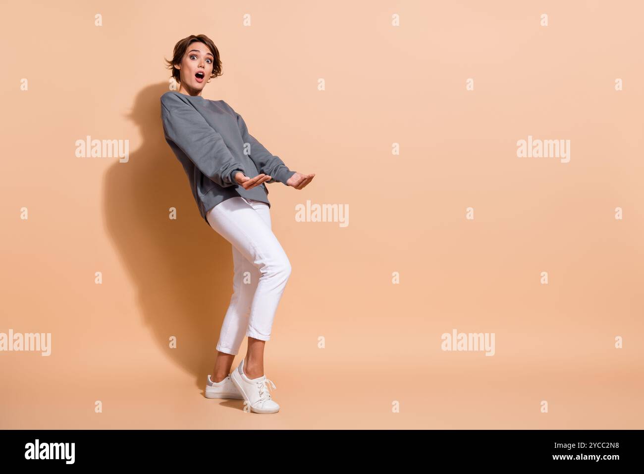 Full size photo of speechless woman dressed grey pullover hands hold ...