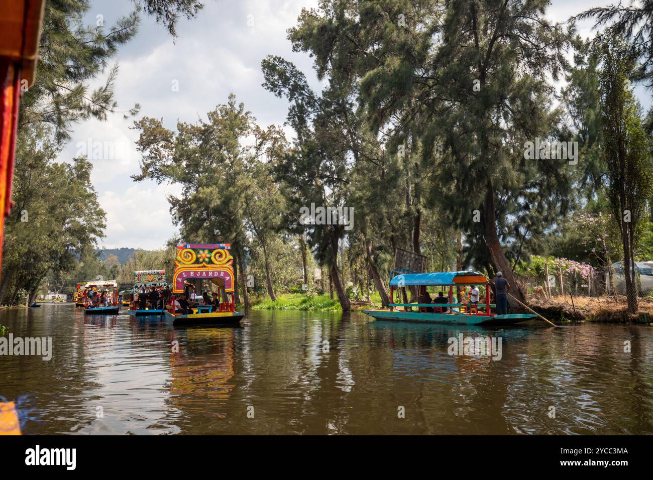 Trajineras Xochimilco, tourist area on a canal with boat rides and ...