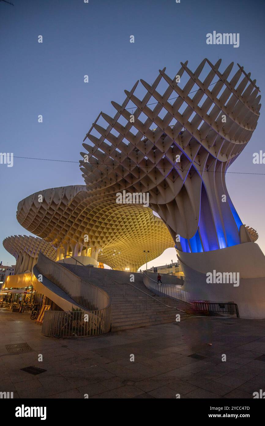 Wooden structure of the Metropol Parasol at night located in the old ...