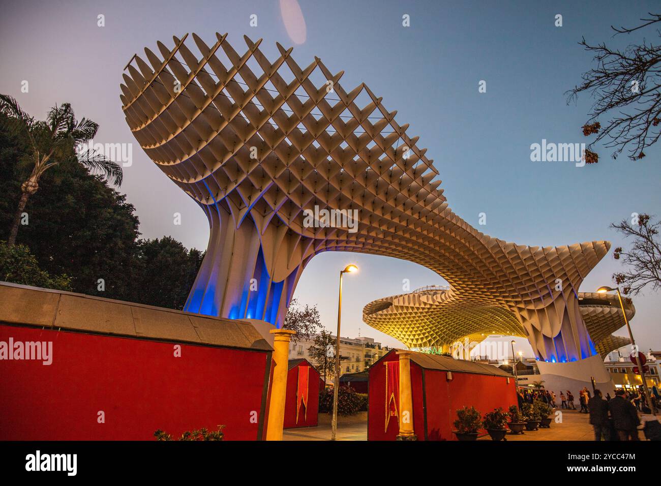 Wooden structure of the Metropol Parasol at night located in the old ...